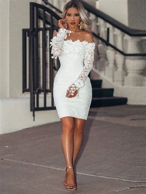 White Lace Dresses Bateau Neck Long Sleeves Lace Casual Summer Dresses