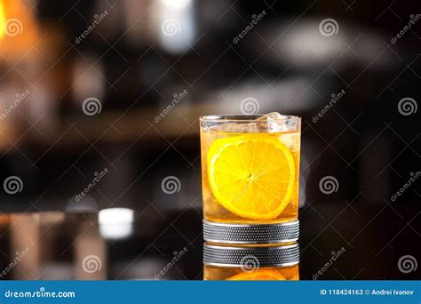 Closeup Glass Of Godfather Cocktail With Slice Of Orange Stock Image