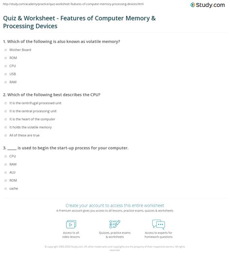 Quiz And Worksheet Features Of Computer Memory And Processing Devices