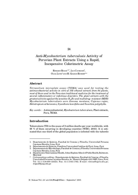 Pdf Anti Mycobacterium Tuberculosis Activity Of Peruvian Plant