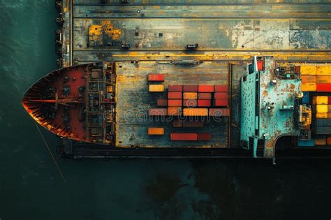 Cargo Ship Unloading Containers At Port Aerial View Industrial Scene
