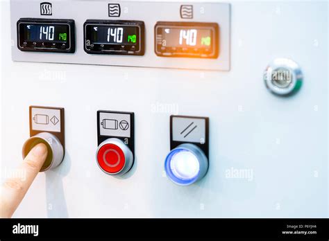 Engineer S Hand Push Green Button To Open Temperature Control Machine