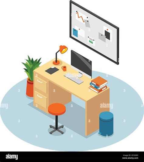 Isolated And Isometric Office Composition Workplace With Desk Monitor