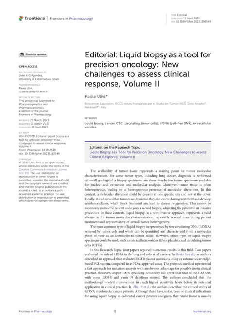 Pdf Editorial Liquid Biopsy As A Tool For Precision Oncology New