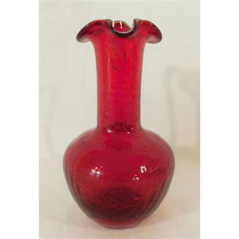 Small Blenko Red Crackle Glass W Applied Yellow Handle Syrup Pitcher