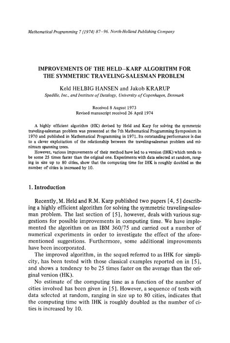 Pdf Improvements Of The Held Karp Algorithm For The Symmetric Traveling Salesman Problem