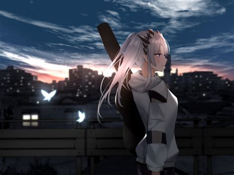 Safebooru 1girl Blue Sky Breasts Bridge Bug Building Butterfly Clouds