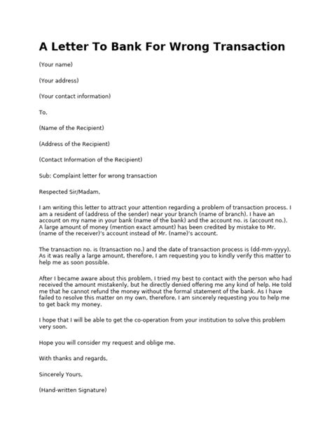 a letter to bank for wrong transaction pdf