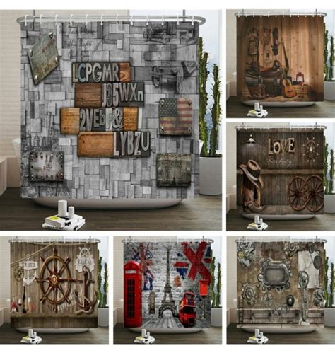 샤워커튼 컨트리 스타일 나무 판자 샤워 커튼 아트 레트로 패턴 욕조 목욕 후크 포함 방수 욕실 1x1 티몬