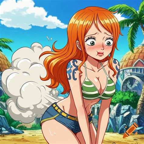 Anime Style Image Of Nami From One Piece On A Beach Blushing And