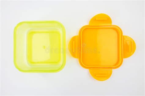 Empty Open Plastic Lunch Box Isolated On White Background Yellow