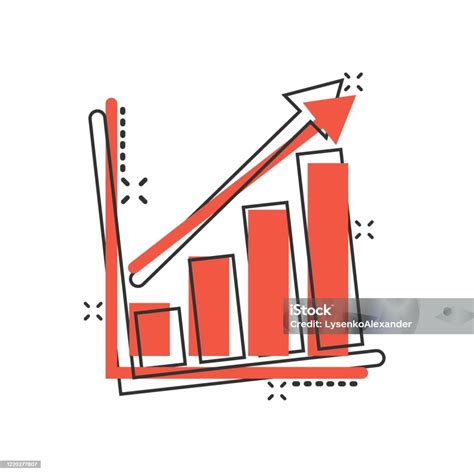 만화 스타일의 차트 그래프 아이콘입니다 화살표는 흰색 고립 된 배경에 만화 벡터 그림을 성장 분석 스플래시 효과 비즈니스 개념입니다 Launch Party에 대한 스톡 벡터