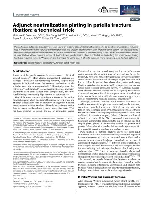Pdf Adjunct Neutralization Plating In Patella Fracture Fixation A