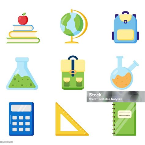 白い背景にカラフルな学校のフラットアイコンのセット学校のデザインベクターイラスト アルファベットのベクターアート素材や画像を多数ご用意