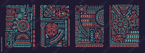 Ethnic Tribal Posters Set Ancient Aztec Tribe Wall Arts Mexican Cards