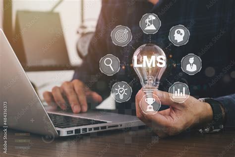 Horizontal Banner Close Up Successful Businessman Holding Light Bulb Lms Learning Management