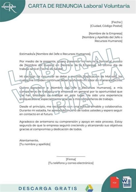 Carta De Renuncia Laboral Voluntaria 8 Modelos Word PDF