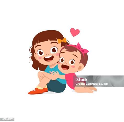 귀여운 어린 소녀 포옹 큰 자매 형제 형제 자매에 대한 스톡 벡터 아트 및 기타 이미지 형제 자매 안기 아기 Istock