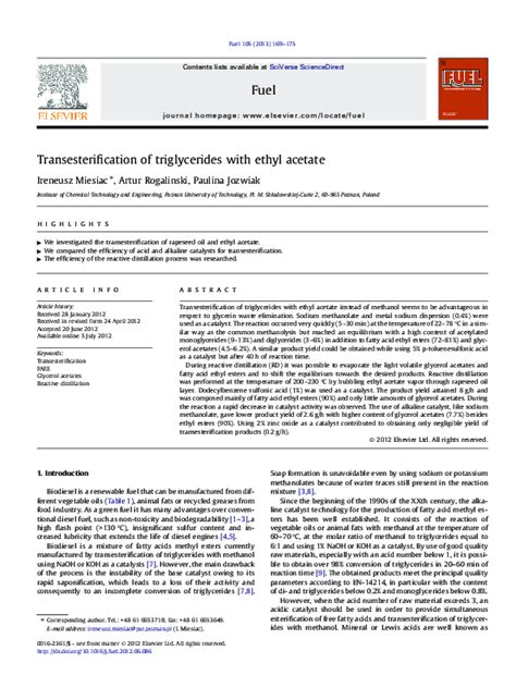 Pdf Transesterification Of Triglycerides With Ethyl Acetate