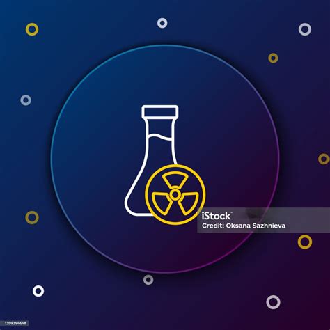 파란색 배경에 고립 된 독성 액체 아이콘라인 실험실 화학 비커 생물학적 위험 기호 방사선 아이콘이 있는 위험한 기호입니다