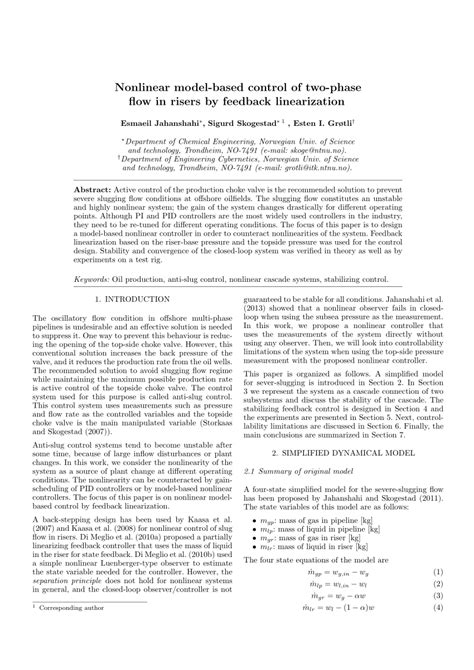 Pdf Nonlinear Model Based Control Of Two Phase Flow In Risers By Feedback Linearization