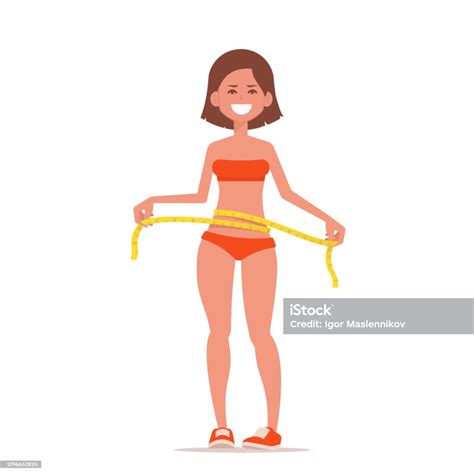 그녀의 허리를 측정하는 소녀 교정 및 체중 감량 개념 흰색에 격리된 벡터 플랫입니다 줄자에 대한 스톡 벡터 아트 및 기타 이미지