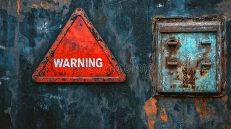 AI Generated Rusty Red And White Warning Sign With A Rusty Blue Metal Box Stock Image Image Of
