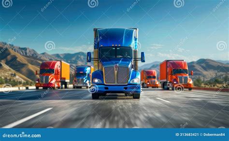 Colorful Convoy Of Modern Semi Trucks Driving On The Highway With