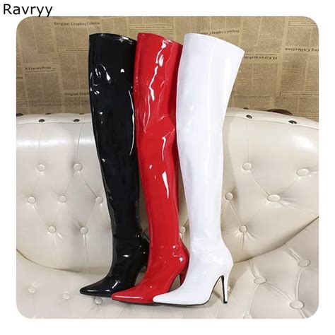 Patent Leather White Woman Long Boots Pole Dance Model Show Fun Club