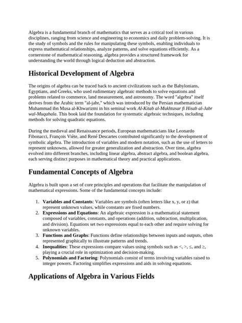 The Significance And Applications Of Algebra Pdf Algebra Mathematics