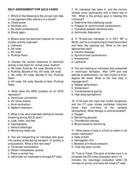 ACLS Practice Questions SELF ASSESSMENT FOR ACLS CASES Which Of The Following Is The Correct