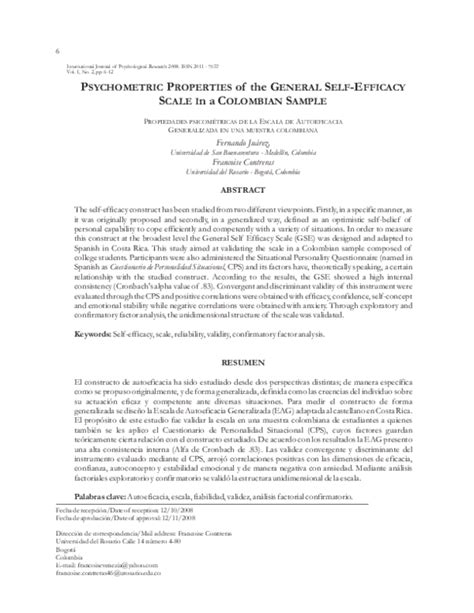 Pdf Psychometric Properties Of The General Self Efficacy Scale In A Colombian Sample