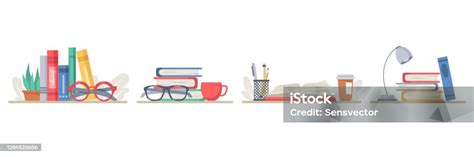 학교 용품책 램프 커피 또는 찻잔이 있는 교과서의 고립 된 세트 일기로 쓰기위한 연필과 펜 학생 또는 대학의 학생의 테이블 플랫 스타일의 벡터 책에 대한 스톡 벡터 아트 및