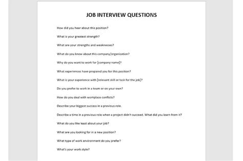 Job Interview Questions Template Job Interview Questions Interview