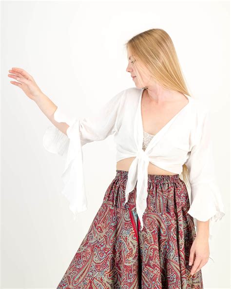 Ska Boho Ruffle 34 Butterfly Sleeves Tie Front Plain Crop Tops Ska