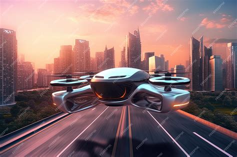 Premium Photo Driverless Autonomous Flying Drone Car Landing On The Road Futuristic Technology