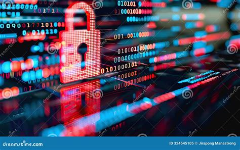 Neon Lit Padlock With Data Lines And Binary Code In Digital Space Stock