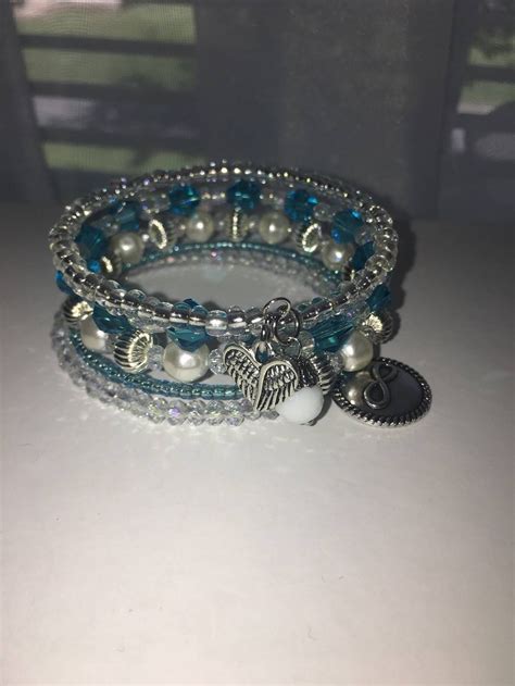 Blue And White 5 Wrap Memory Wire Bracelet With Infinity Charm Etsy