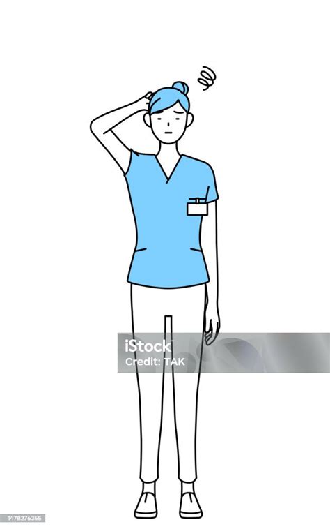 여성 간호사 물리 치료사 작업 치료사 언어 치료사 간호 조무사가 제복을 입고 괴로워하며 머리를 긁적입니다 가정간병인에 대한 스톡