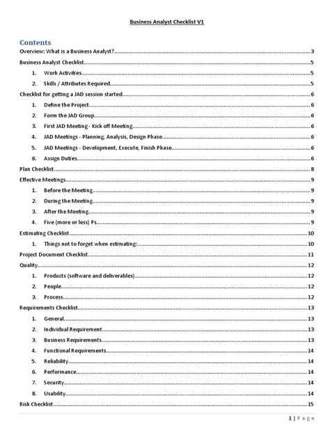 Business Analyst Checklist Pdf Business Analysis Project Management