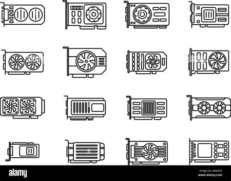 Gpu Graphic Card Icons Set Outline Vector Hard Ware Board Capacitor