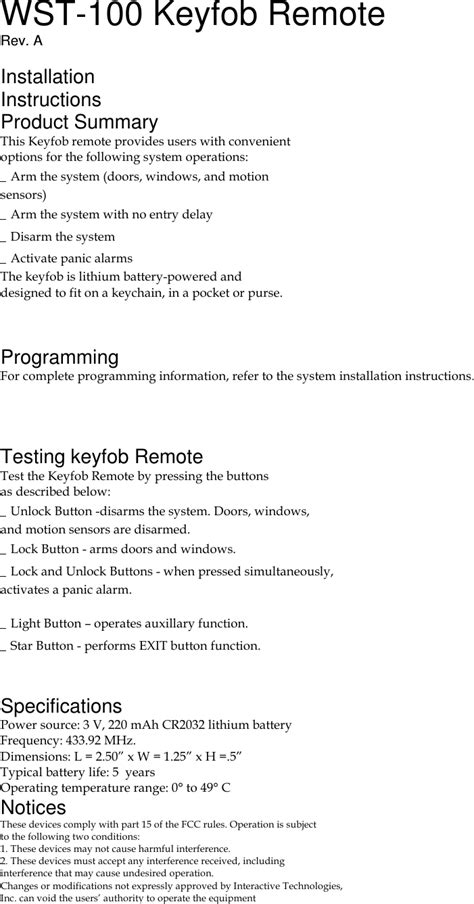 Ecolink Intelligent Technology WST WIRELESS SECURITY REMOTE KEYFOB User Manual CaddxKeyFob Word