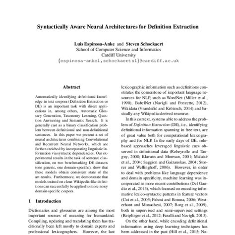 Syntactically Aware Neural Architectures For Definition Extraction Acl Anthology