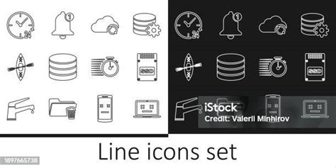 라인 데드 노트북 Ssd 카드 클라우드 동기화 새로 고침 데이터베이스 카약 및 패들 시계 24 시간 스톱워치 및 벨 아이콘을 설정합니다 벡터 24에 대한 스톡 벡터 아트 및
