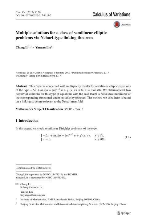 Pdf Multiple Solutions For A Class Of Semilinear Elliptic Problems Via Nehari Type Linking Theorem