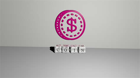 동전의 3d 그래픽 이미지는 개념 프리젠 테이션 및 슬라이드 쇼에 탁월한 상단 관점에서 금속 입방 문자로 만든 텍스트와 함께