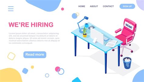 책상 빈 의자 컴퓨터 문서 테이블 램프가있는 모집 사무실 인테리어 프리미엄 벡터