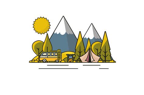 평면 스타일 텐트 캠프 파이어 산 숲 물과 함께 화창한 날 풍경 그림 여름 캠프 자연 관광 캠핑 또는 하이킹 디자인 개념에 대 한 배경 0명에 대한 스톡 벡터 아트 및 기타