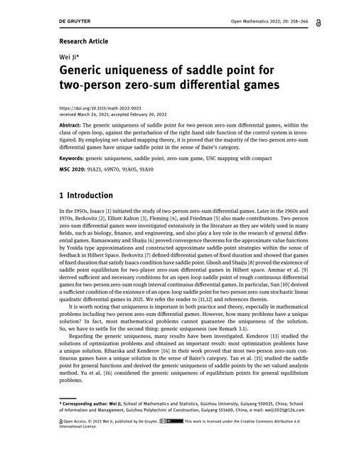 Pdf Generic Uniqueness Of Saddle Point For Two Person Zero Sum