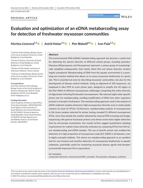 PDF Evaluation And Optimization Of An EDNA Metabarcoding Assay For Detection Of Freshwater